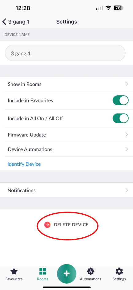 How to delete a device from the Lightwave Link Plus app?